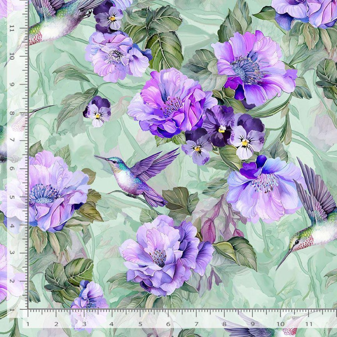 Hummingbird, Bird Fabric, Fleur CD 3500, Sage Fleur, Hummingbird Floral ...