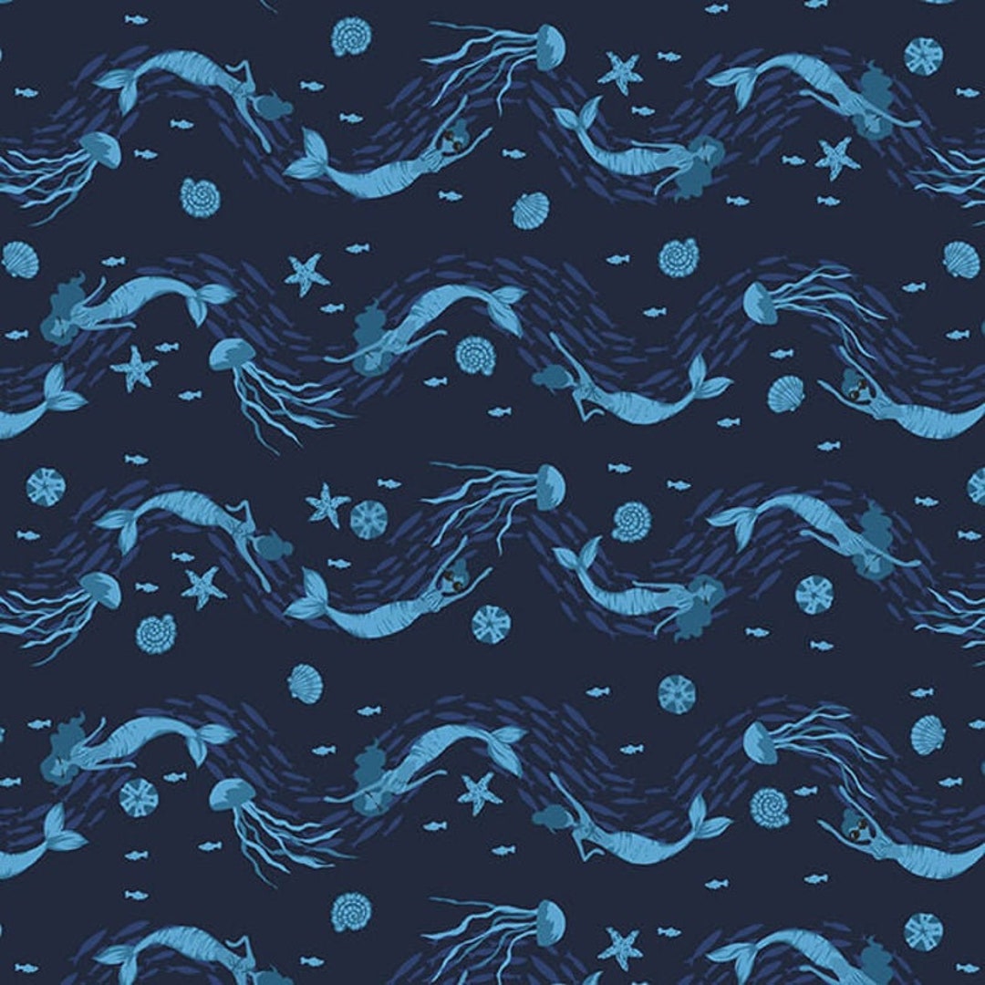 Mermaid Fabric, Mermaids in Blue Jeans Fabric, Dark Blue Mermaids ...