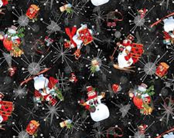 Christmas Fabric, Dog Christmas Fabric, Snow Dog Express, Snowmen Black ...
