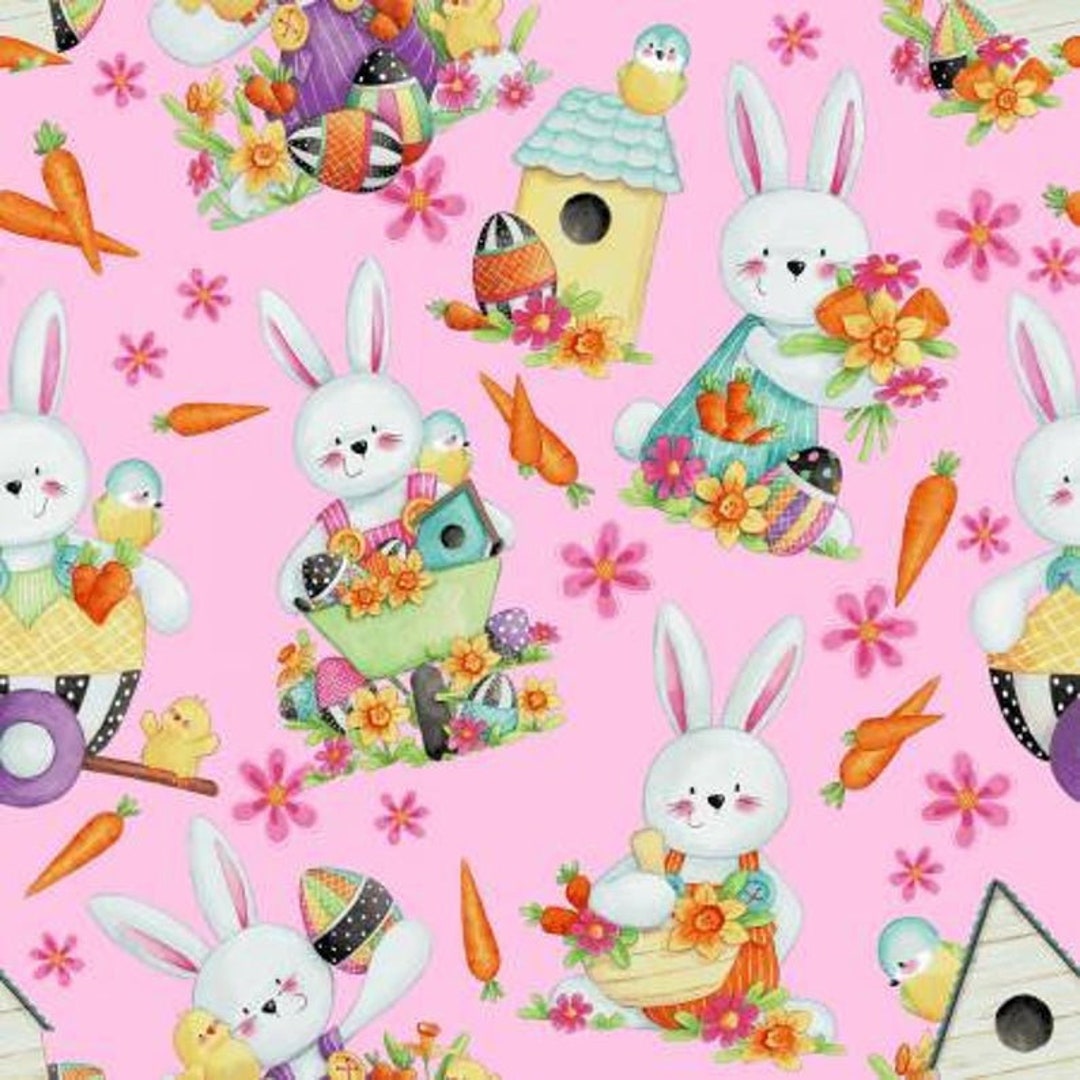 Easter Fabric, Easter Bunny Fabric, Cute Bunny Fabric, Pink Easter ...