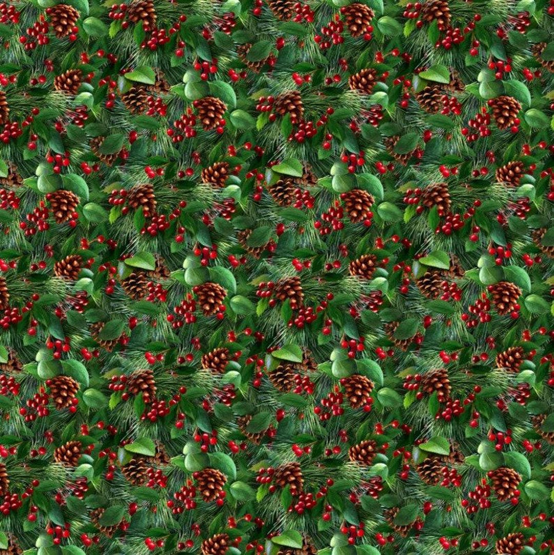 Christmas Fabric, Winter Foliage, Winter Twigs Berries, Birds and ...