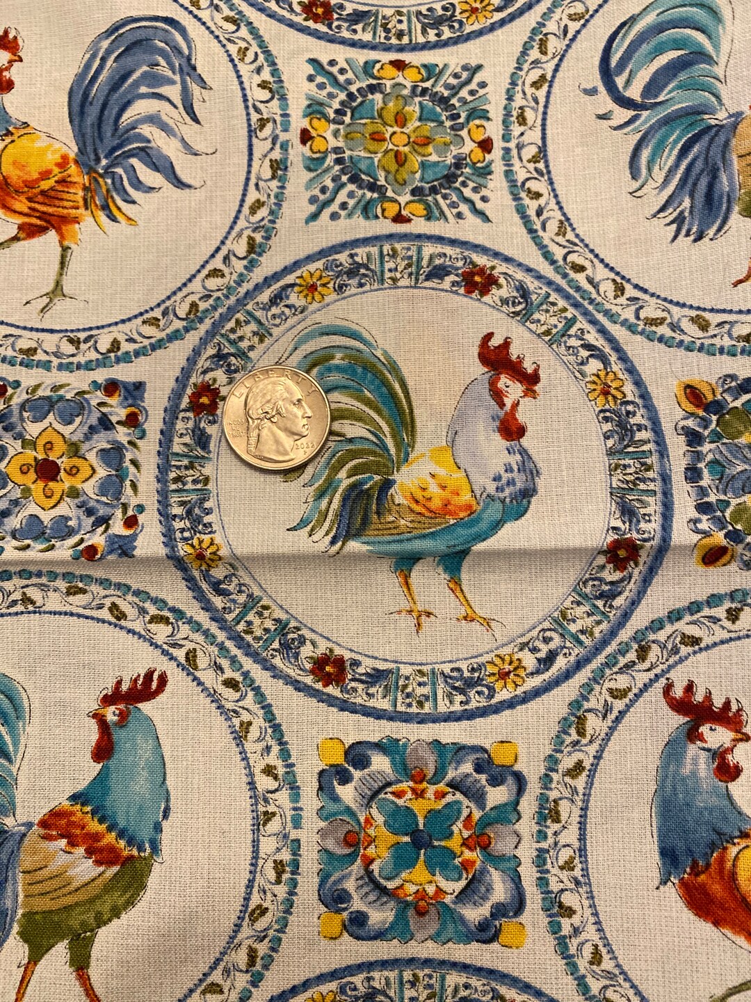 Rooster Fabric, Blue Rooster, Morning Bloom Rooster, 100% Cotton Sewing ...