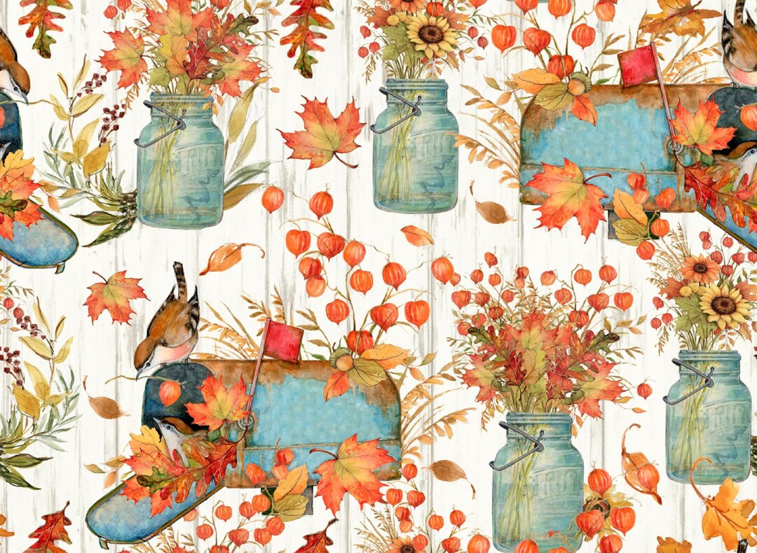 Bird Fabric, Fall Bird Fabric, Susan Winget, Harvest Mason Jar ...