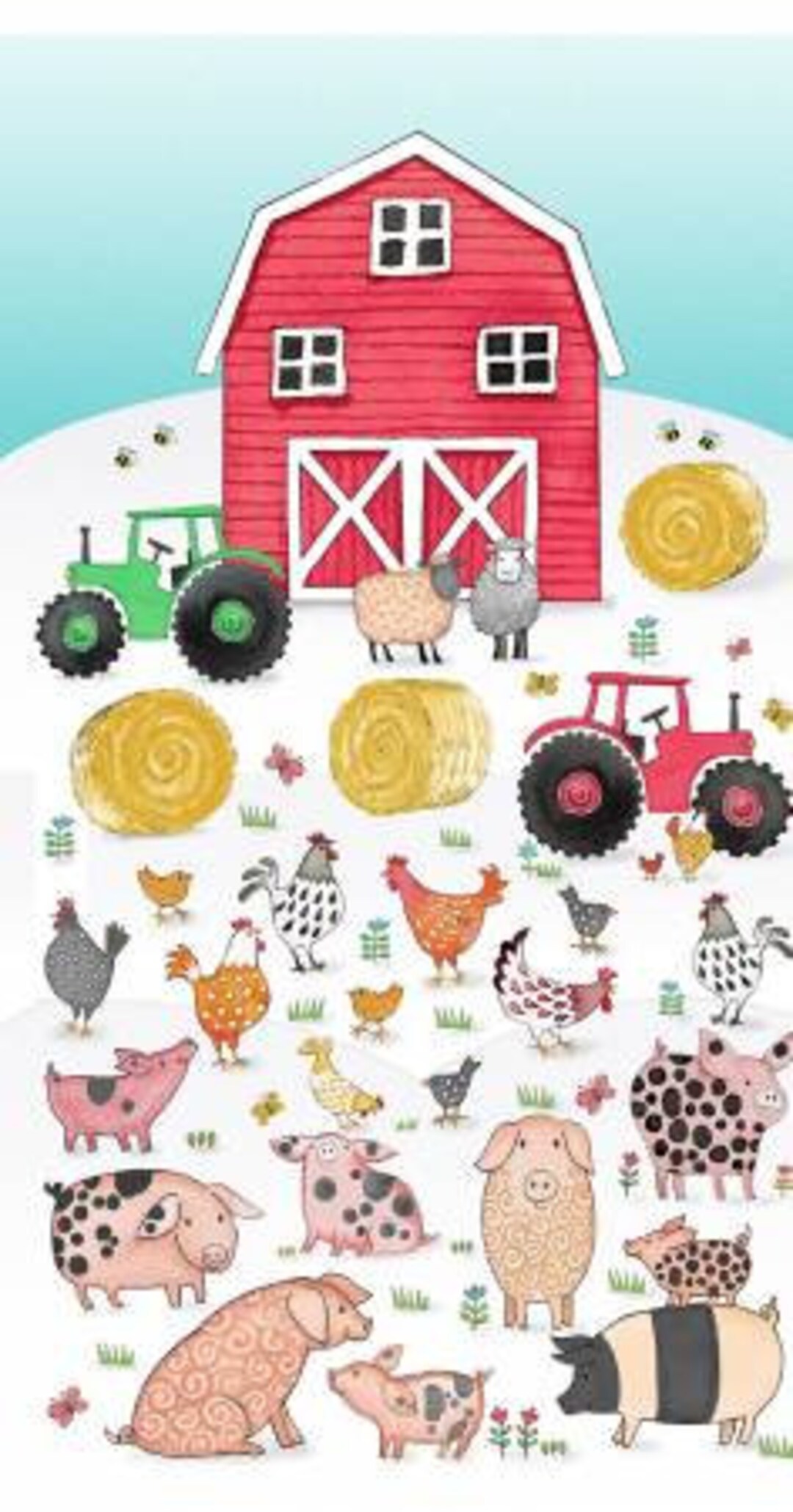 Farm Fabric, Farm Panel, Barns and Animals, Pigs Chickens, 24 Inch ...