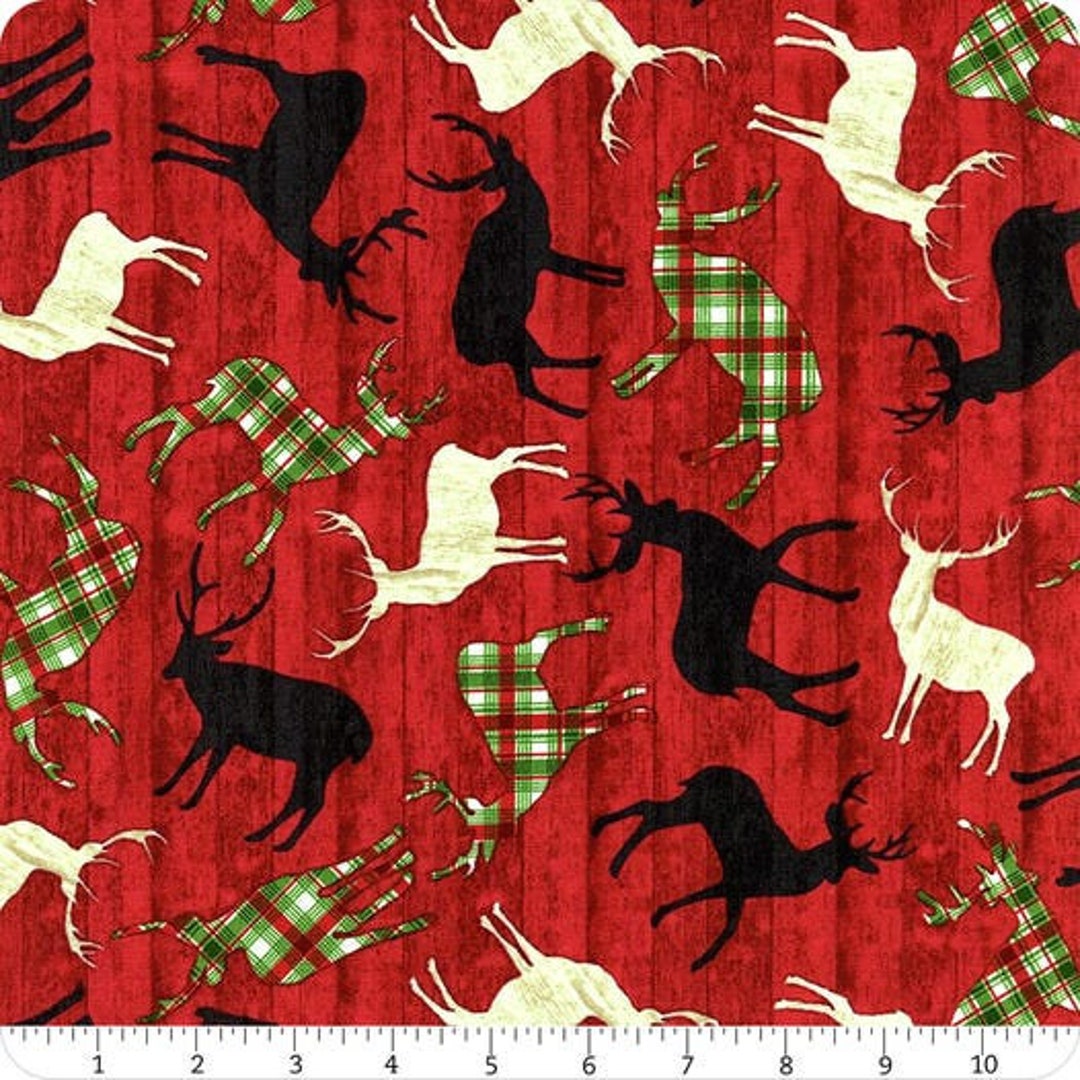Christmas Fabric, Deer Fabric, Reindeer Fabric, Comfort and Joy, Red ...