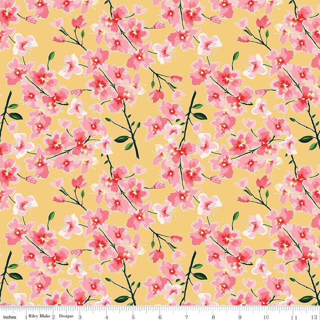 Pink Floral Fabric, Multi Tossed Flowers, Mon Cheri, Branches Yellow ...