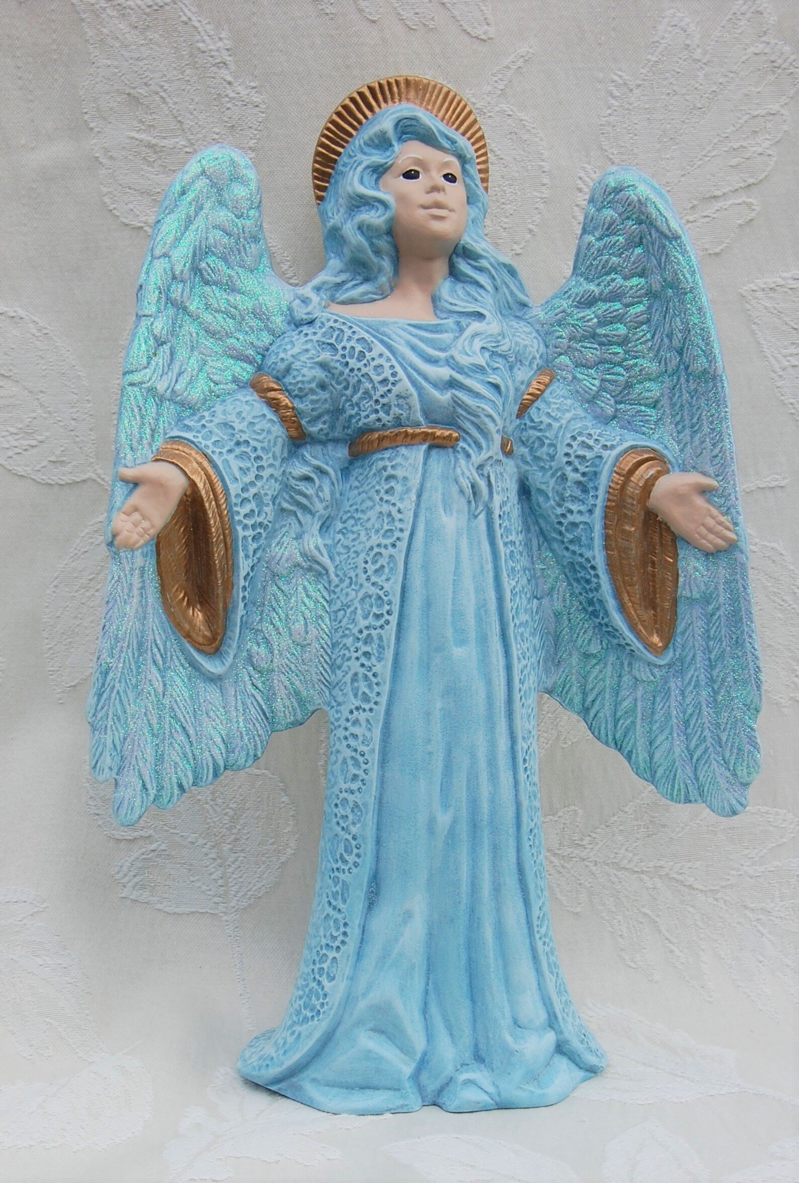 Blue Angel Sculpture with Glittering Wings, Gilt Halo & Clothing Detail ...