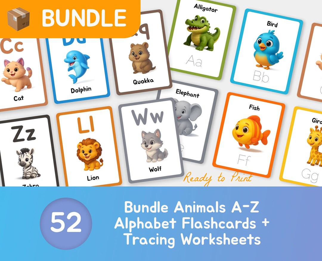 Bundle Animals A-Z Alphabet Flashcards + Tracing Worksheets | ABC ...