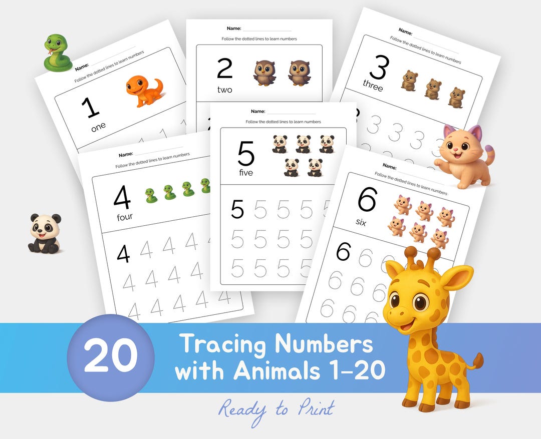 Number Tracing Worksheets 1-20: Animals, Preschool Kindergarten (PDF ...