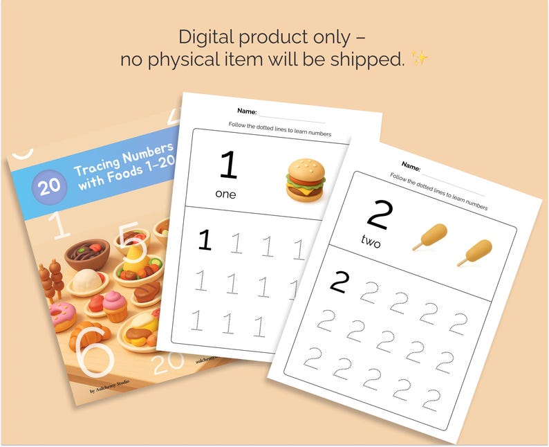 Foods Number Tracing Worksheets 1-20: Preschool Kindergarten (PDF ...