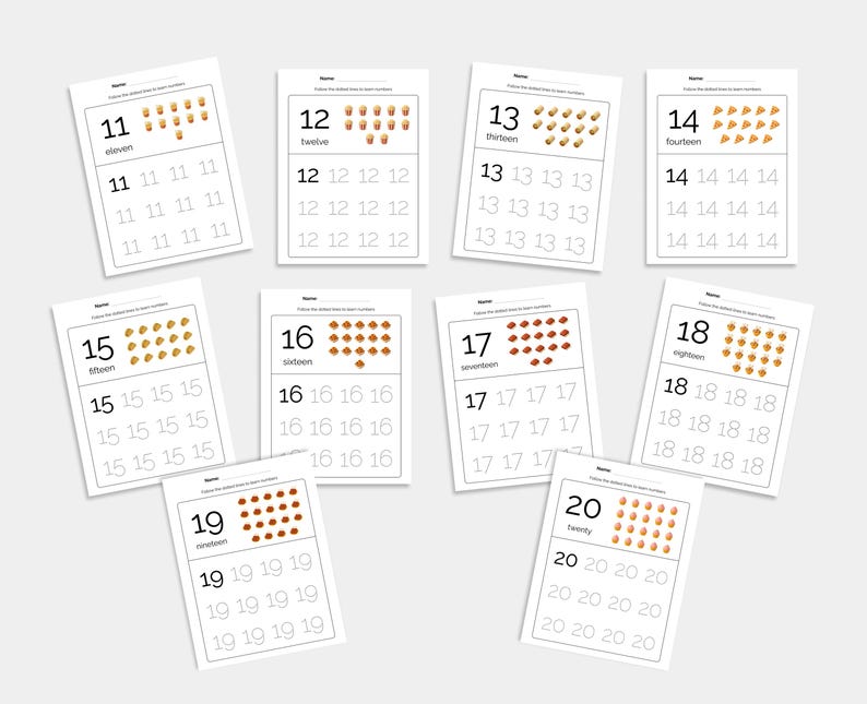 Foods Number Tracing Worksheets 1-20: Preschool Kindergarten (PDF ...