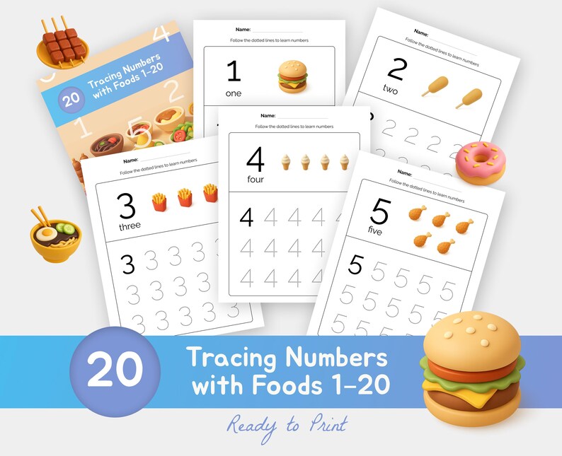 Foods Number Tracing Worksheets 1-20: Preschool Kindergarten (PDF ...