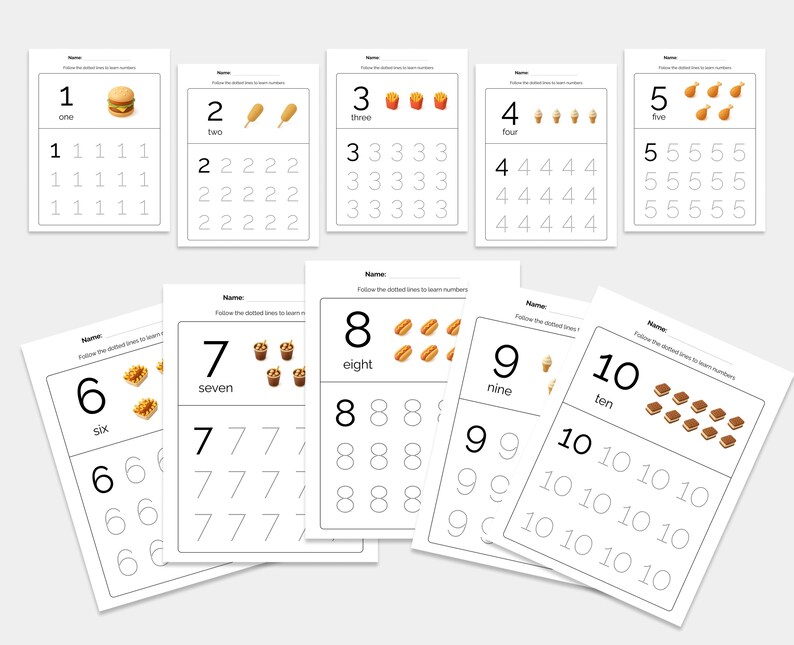 Foods Number Tracing Worksheets 1-20: Preschool Kindergarten (PDF ...