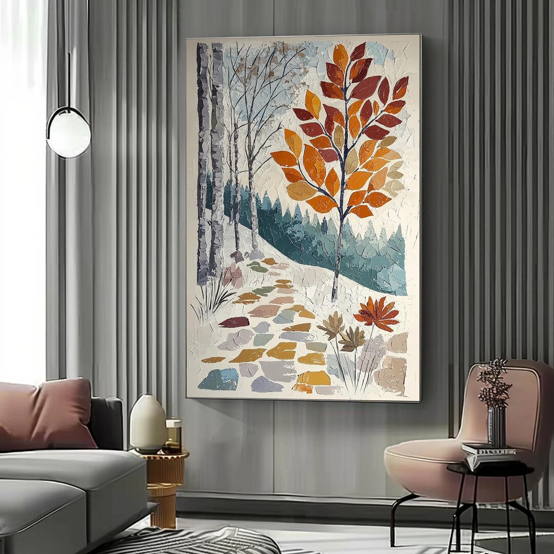 Original Impasto Forest Path Painting, Textured Autumn Landscape, 3D ...