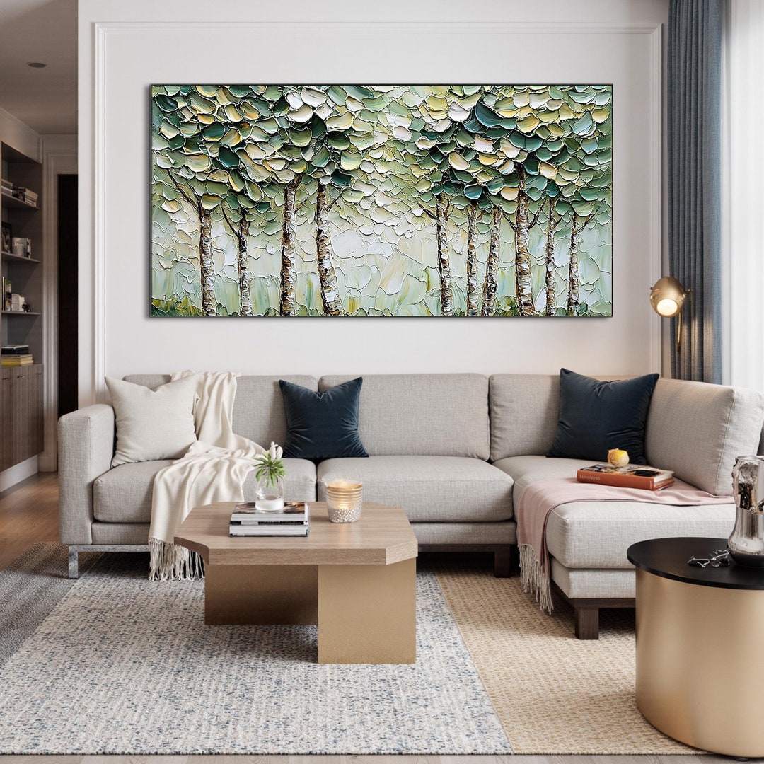 Impasto Forest Painting, Green Tree Wall Art, Textured Landscape ...