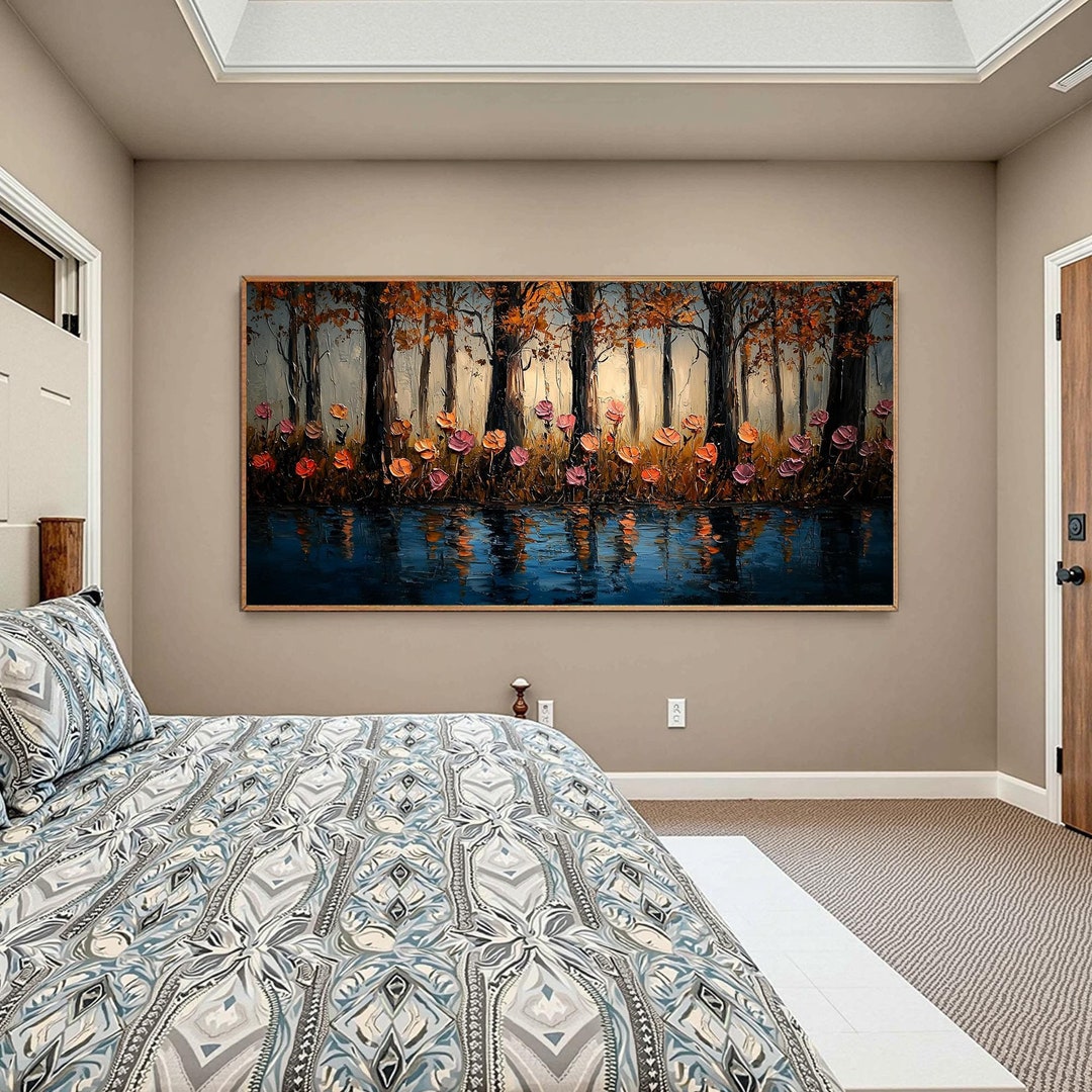 Impasto Forest Flowers Reflection Painting on Canvas, Pink Orange ...