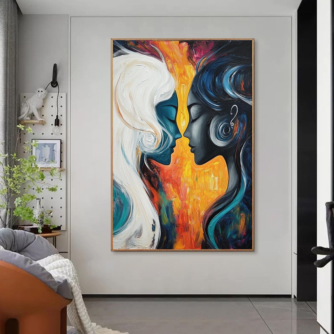 Original Abstract Hand Oil Painting - Dual Profile Art, Vibrant Serene ...