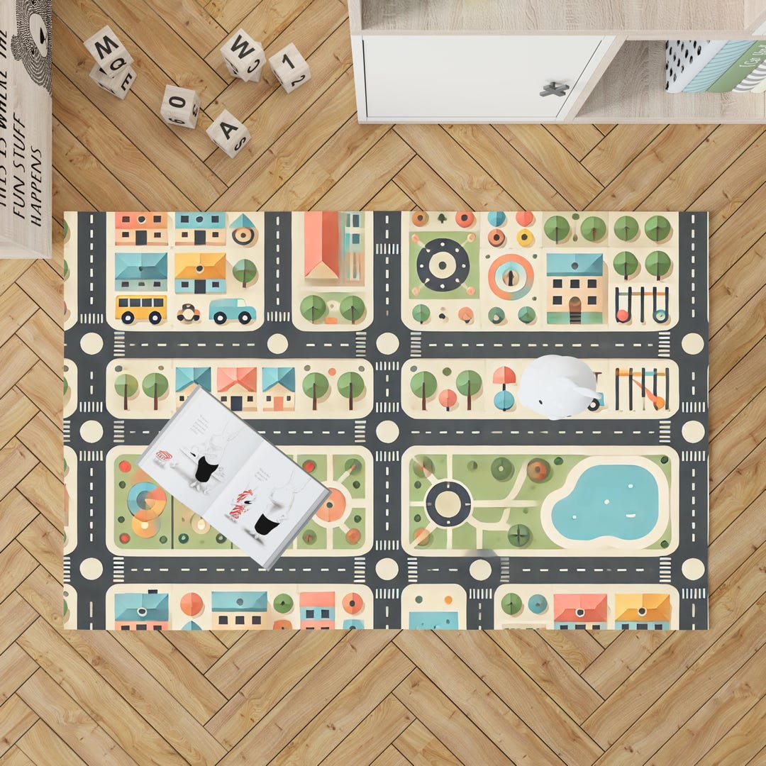 Colorful City Map Play Rug for Kids Interactive Road Carpet With Parks ...