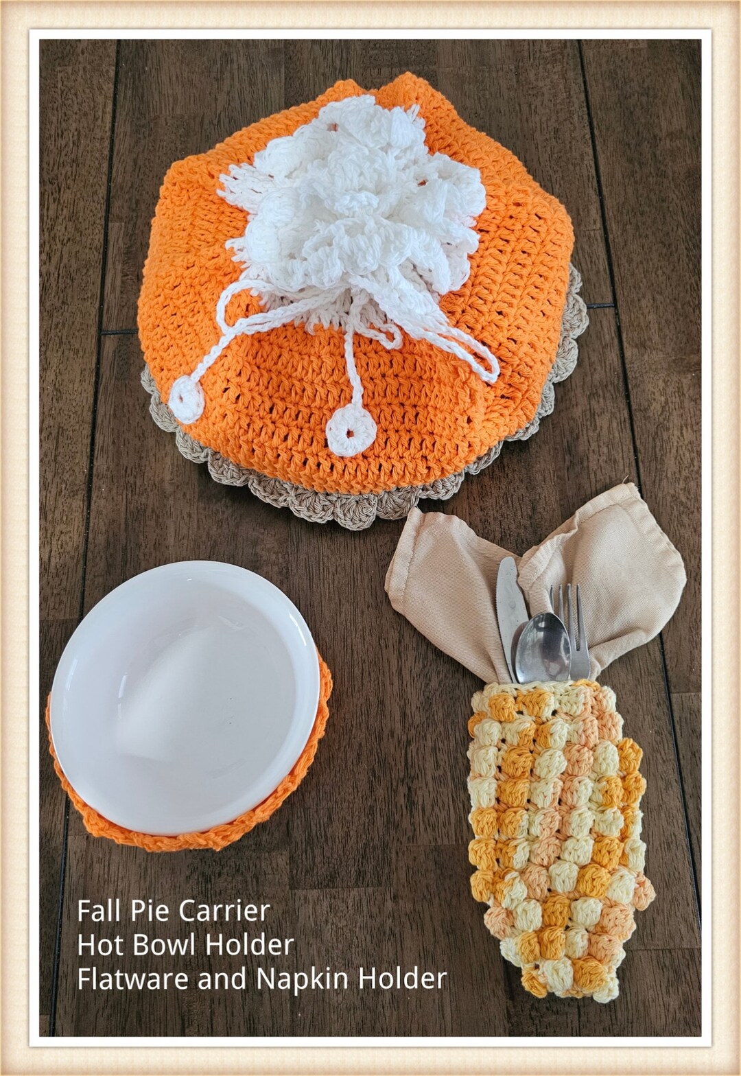 Festive Pumpkin Pie Carrier and Bonus Corn Flatware and Napkin Holder ...