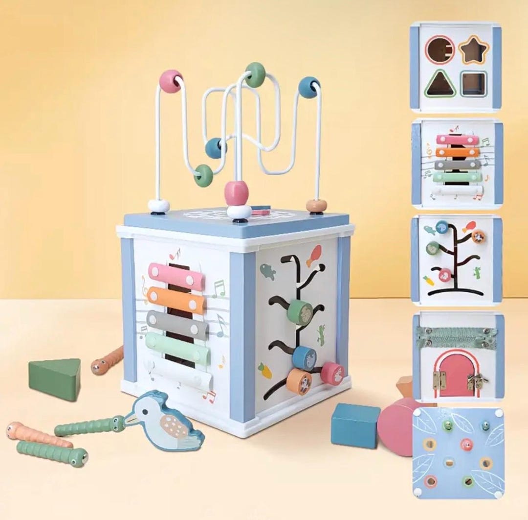 Wooden Activity Cube With Shape Sorting Stacking Blocks Xylophone Bead ...
