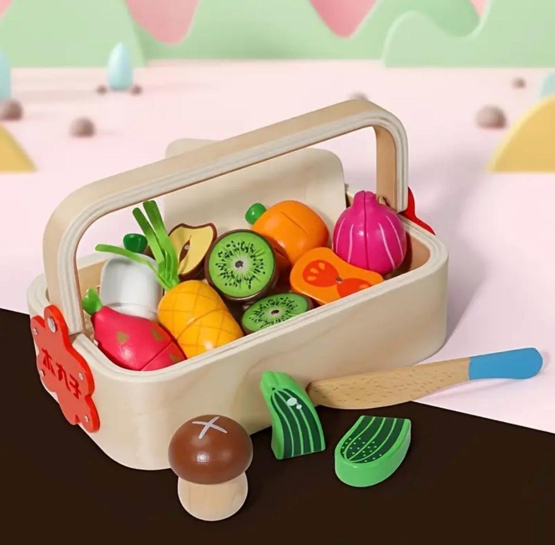 Wooden Magnetic Cutting Fruit and Vegetable Food Toy Set With Basket ...