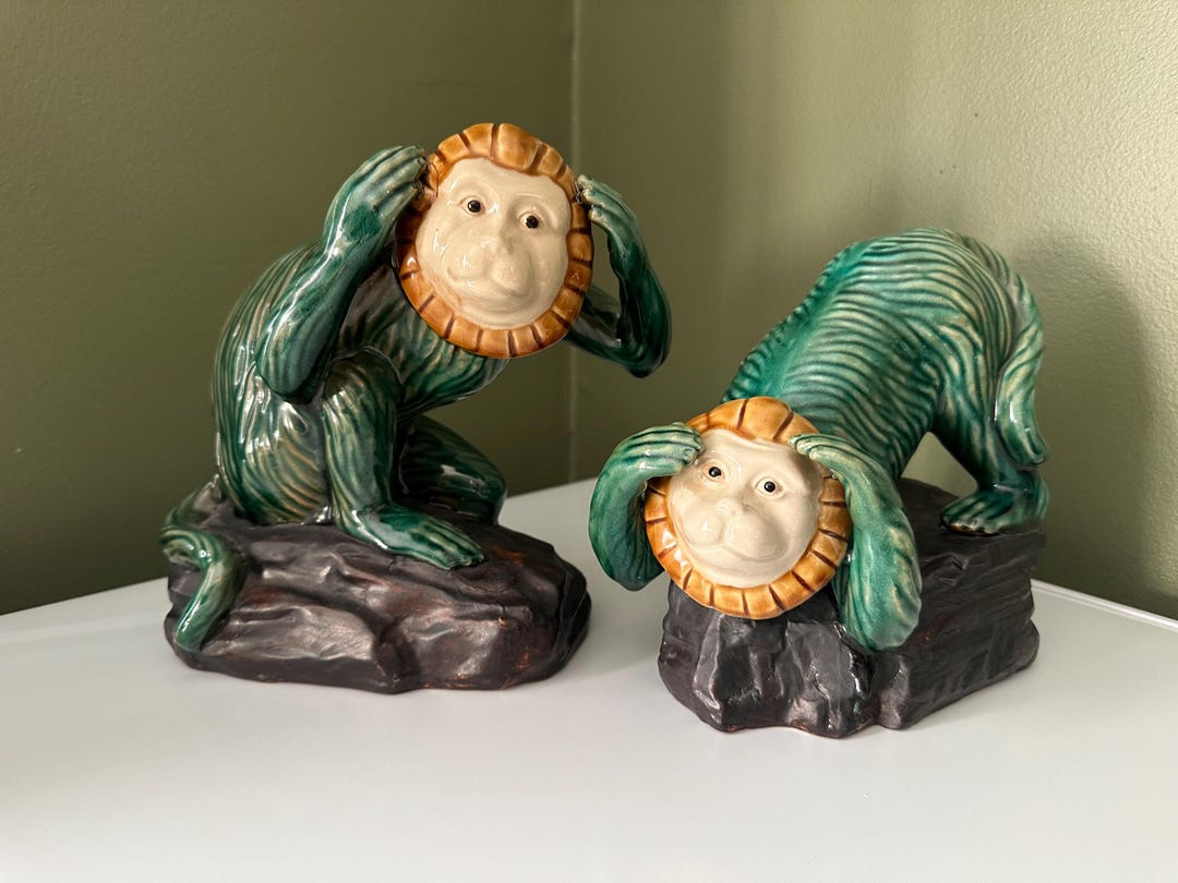 Majolica Monkeys Hear No Evil / See No Evil Monkey Pair Green Monkeys ...