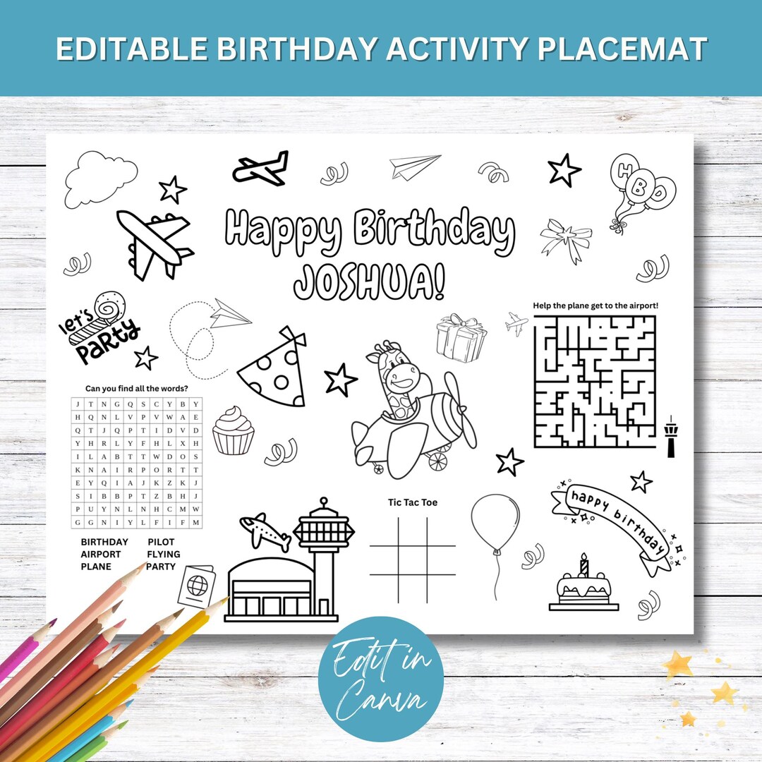 Airplane Activity Placemat, Printable Kids Coloring Fun, Birthday Party ...