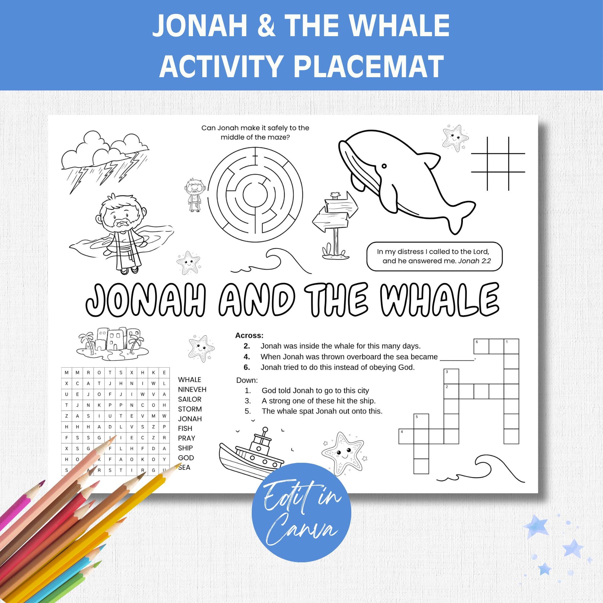 Jonah and the Whale Activity Sheet: Printable Bible Story Coloring Page ...