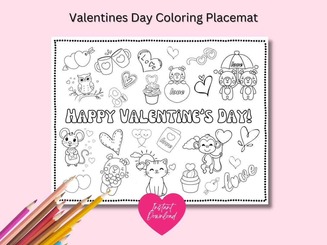 Valentines Day Coloring Placemat, Printable Activity Sheet, Kids ...