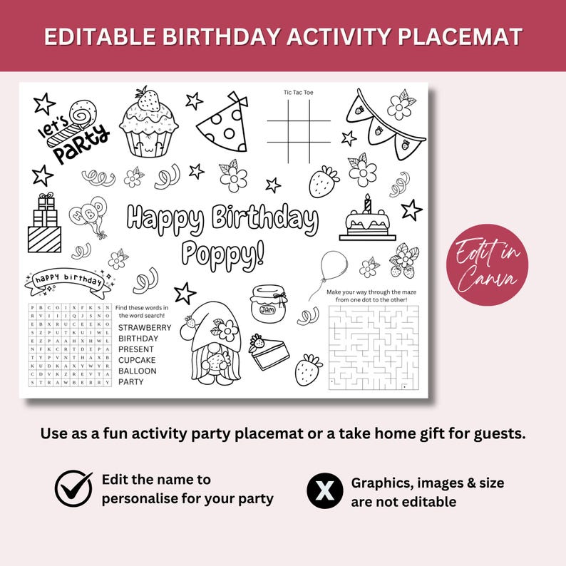 Strawberry Birthday Party Activity Sheet, Berry First Birthday Placemat ...