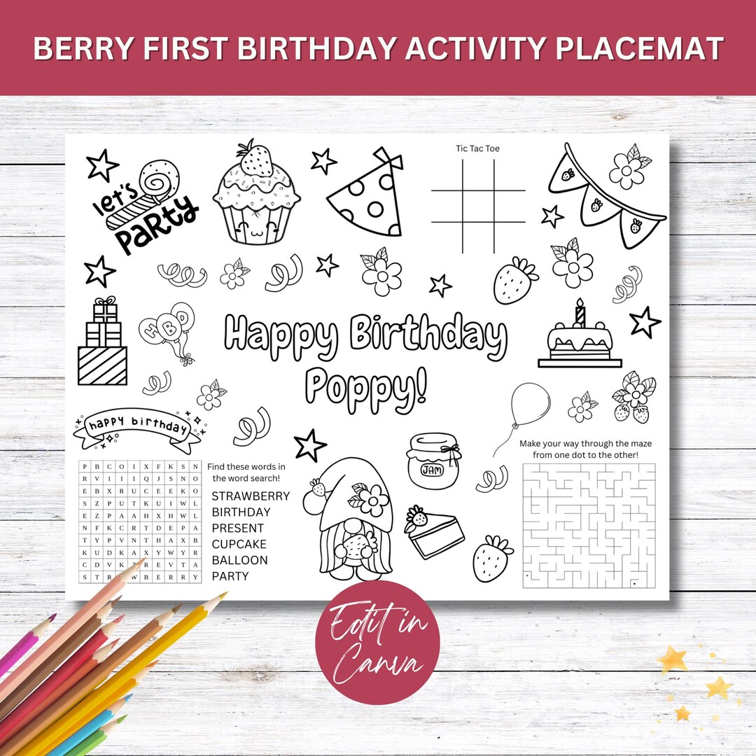 Strawberry Birthday Party Activity Sheet, Berry First Birthday Placemat ...