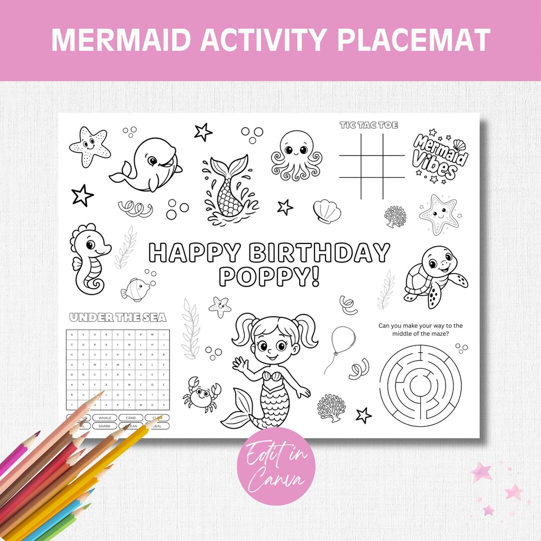 Mermaid Activity Placemat, Printable Under the Sea Birthday Coloring ...