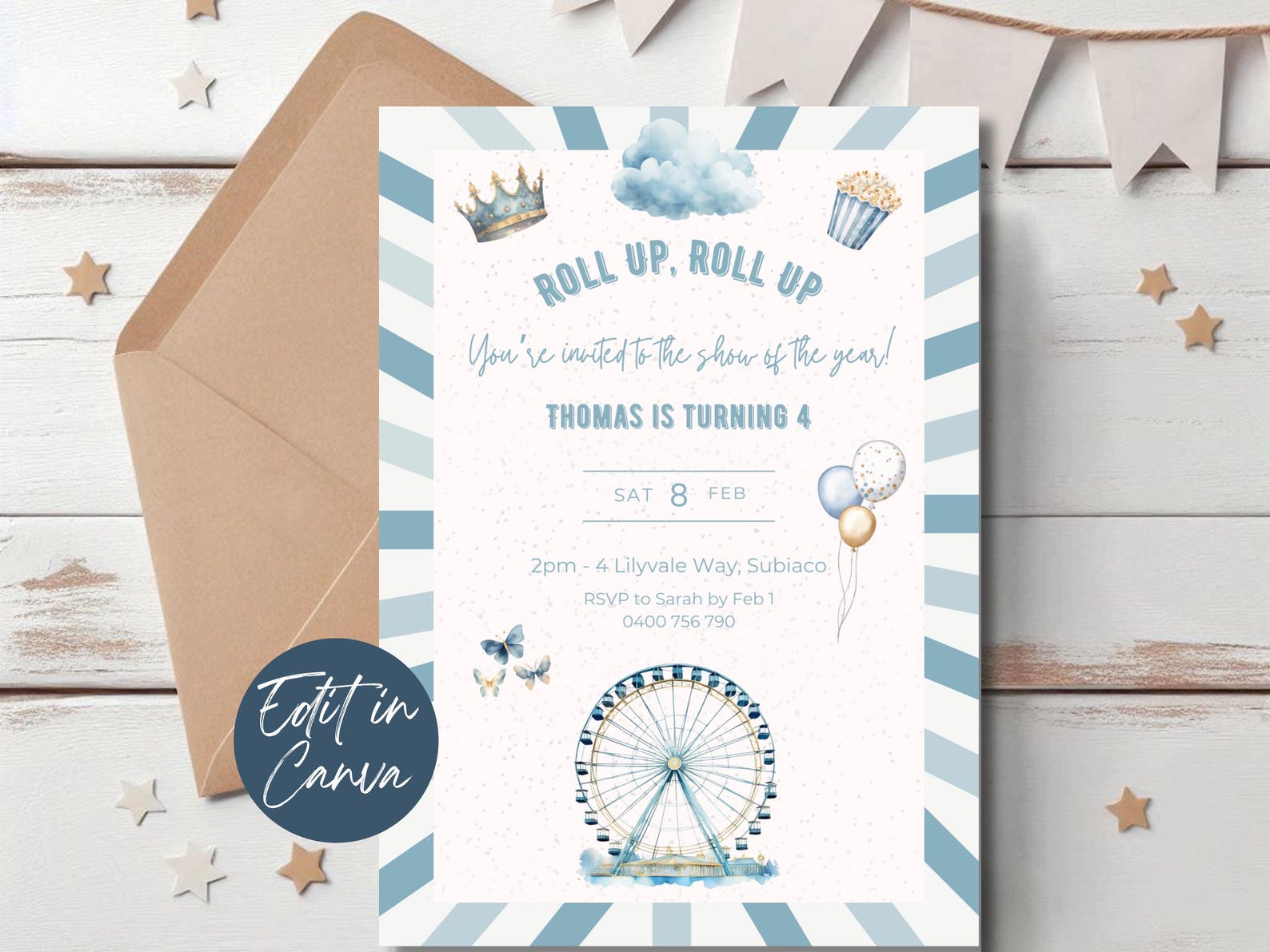 Pastel Carnival Invitation, Editable Boys Party Invite, Pastel Blue ...