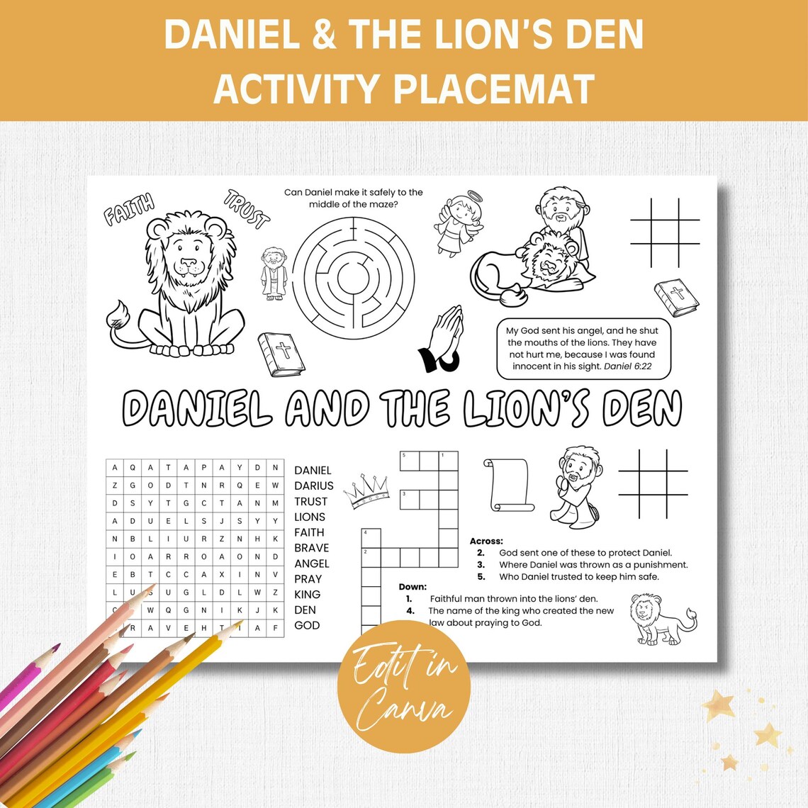Daniel and the Lions Den Kids Activity Sheet, Printable Bible Story ...