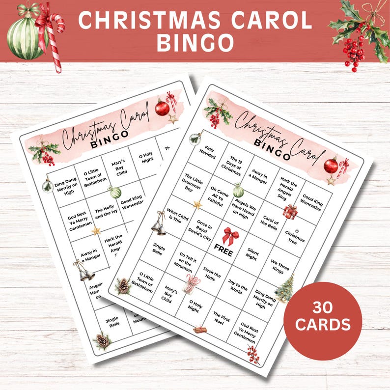 Christmas Carol Bingo, Printable Christmas Bingo Cards, Christmas Music ...