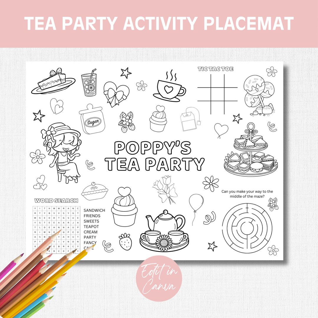 Tea Party Coloring Placemat, Editable High Tea Party Activity Sheet ...