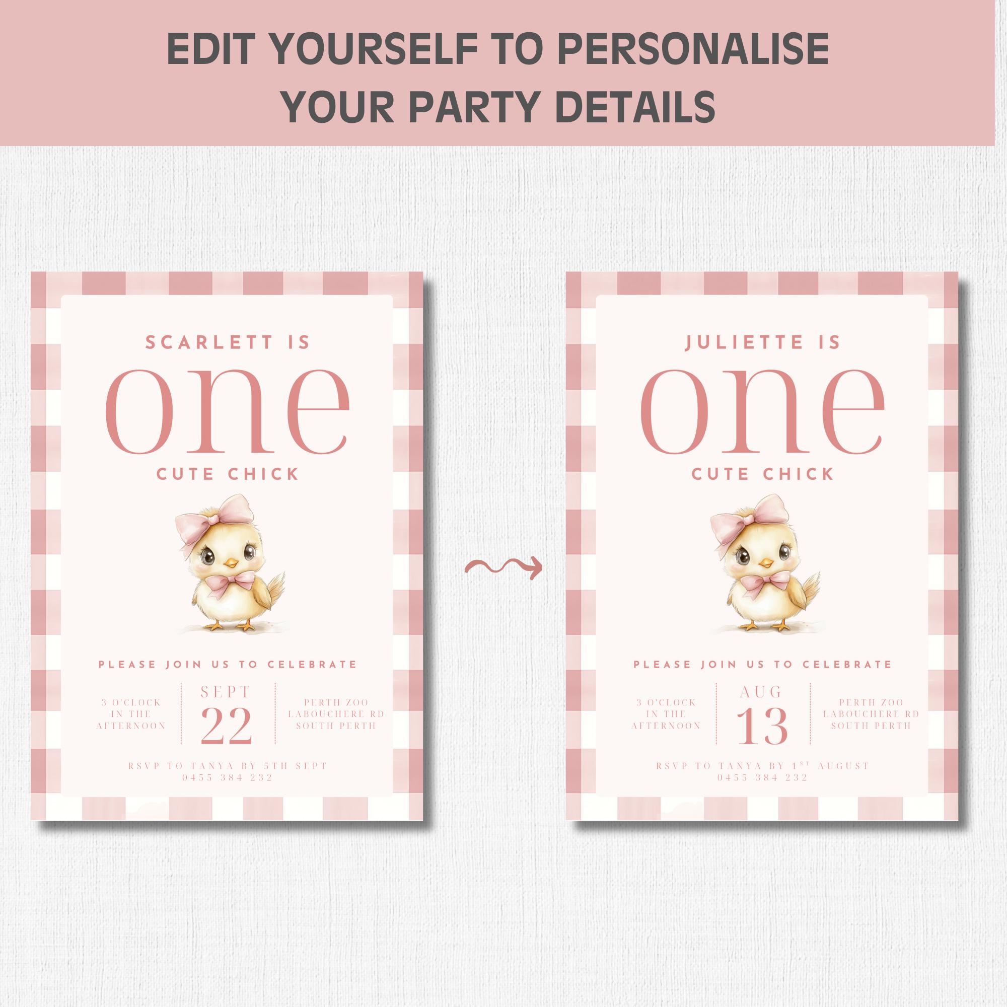 One Cute Chick Birthday Invitation, Editable Chicken 1st Birthday ...