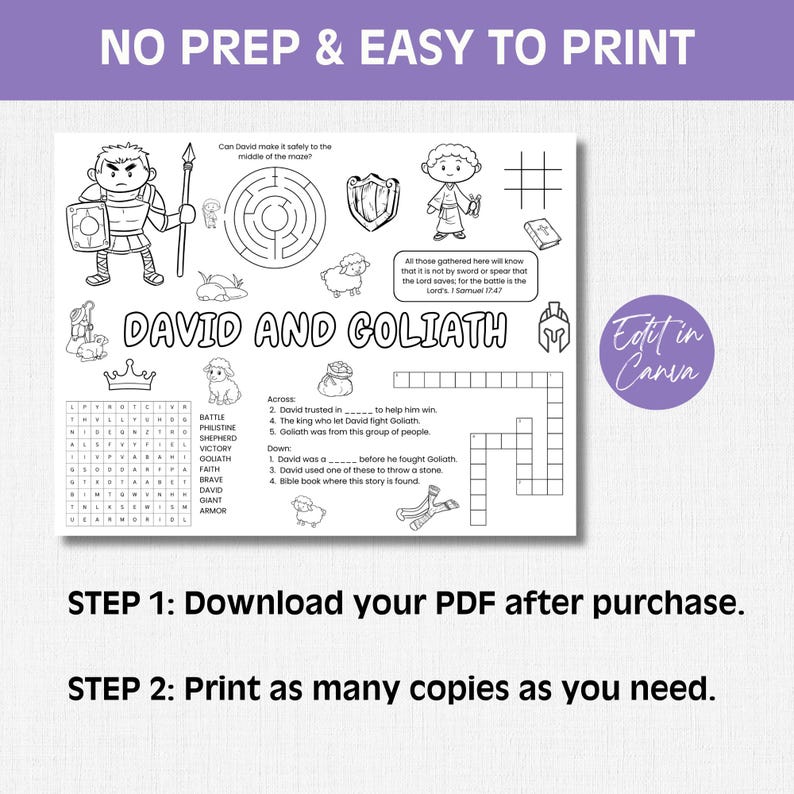 David and Goliath Kids Activity Sheet, Printable Bible Story Coloring ...