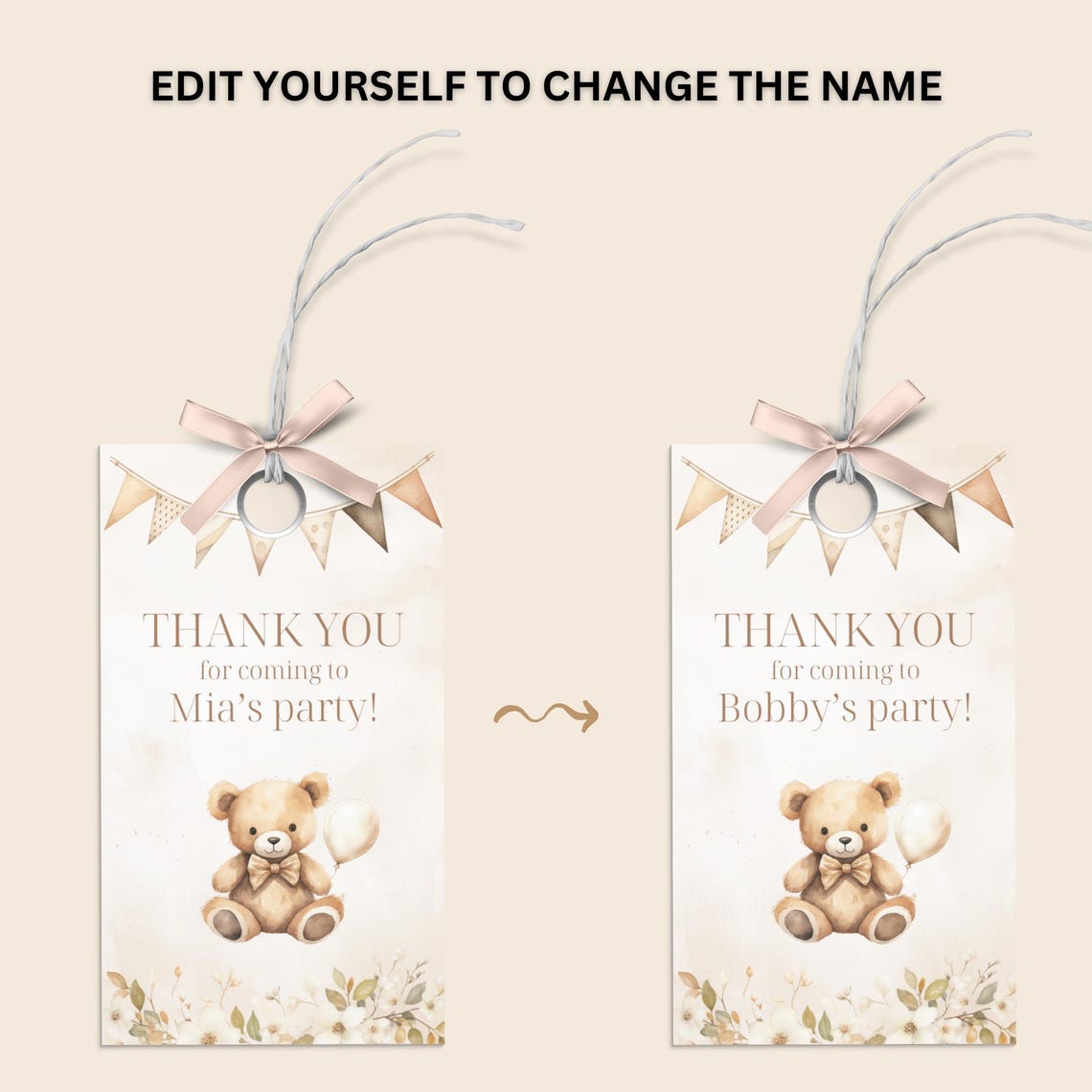 Beary First Birthday Thank You Tags, Editable Teddy Bear Birthday Favor ...