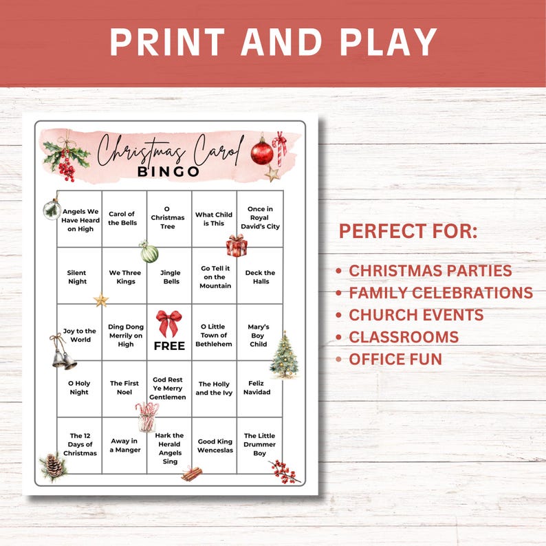Christmas Carol Bingo, Printable Christmas Bingo Cards, Christmas Music ...