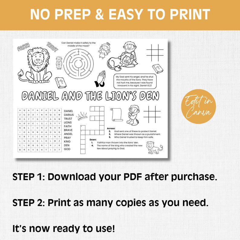 Daniel and the Lions Den Kids Activity Sheet, Printable Bible Story ...