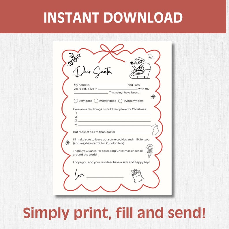 Letter to Santa Template, Kids Christmas Wish List, Printable Dear ...