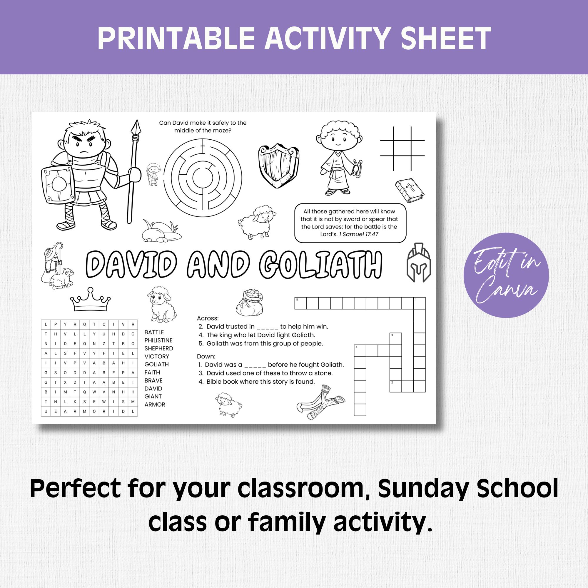 David and Goliath Kids Activity Sheet, Printable Bible Story Coloring ...