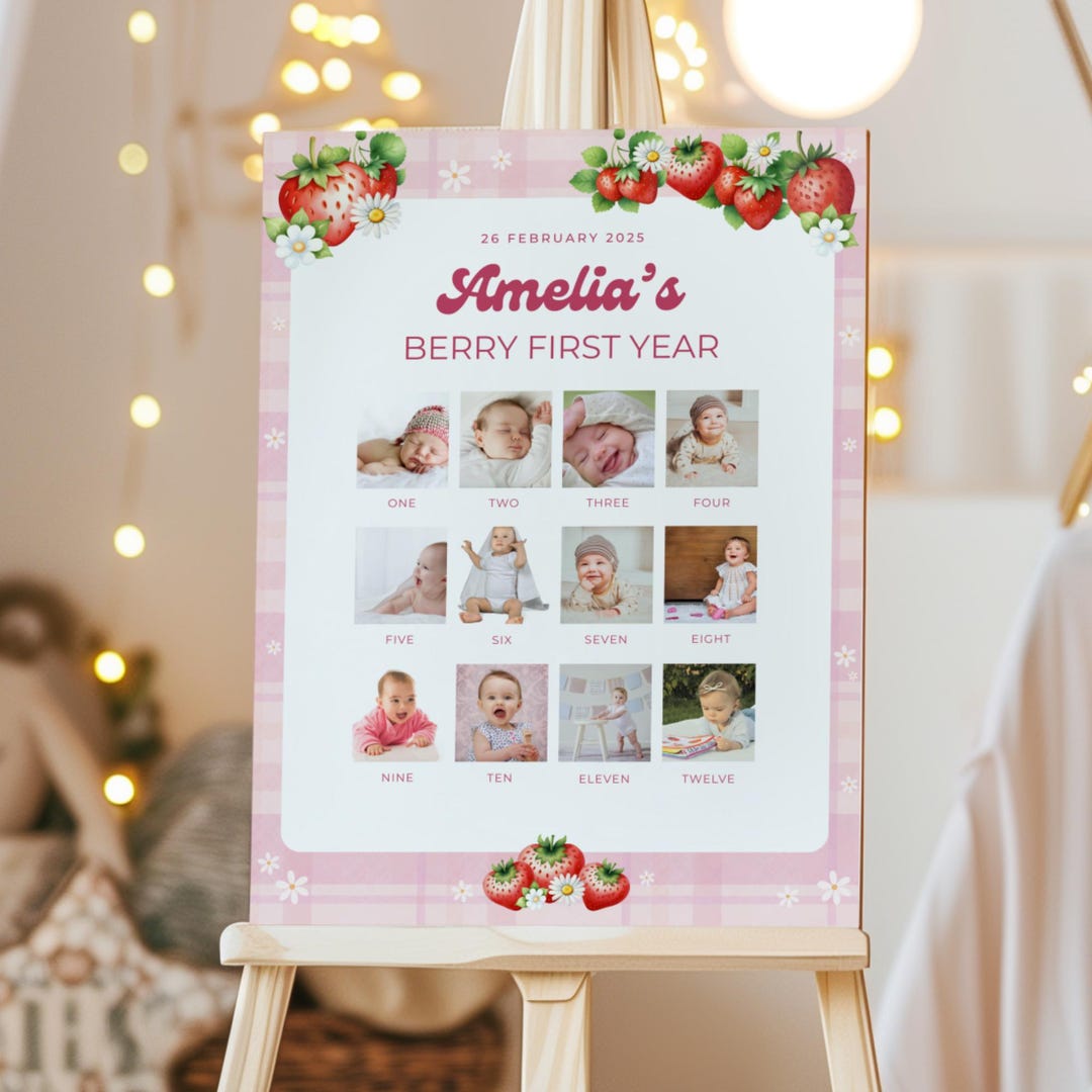 Berry First Birthday Photo Milestone Board, Editable Strawberry 1st ...