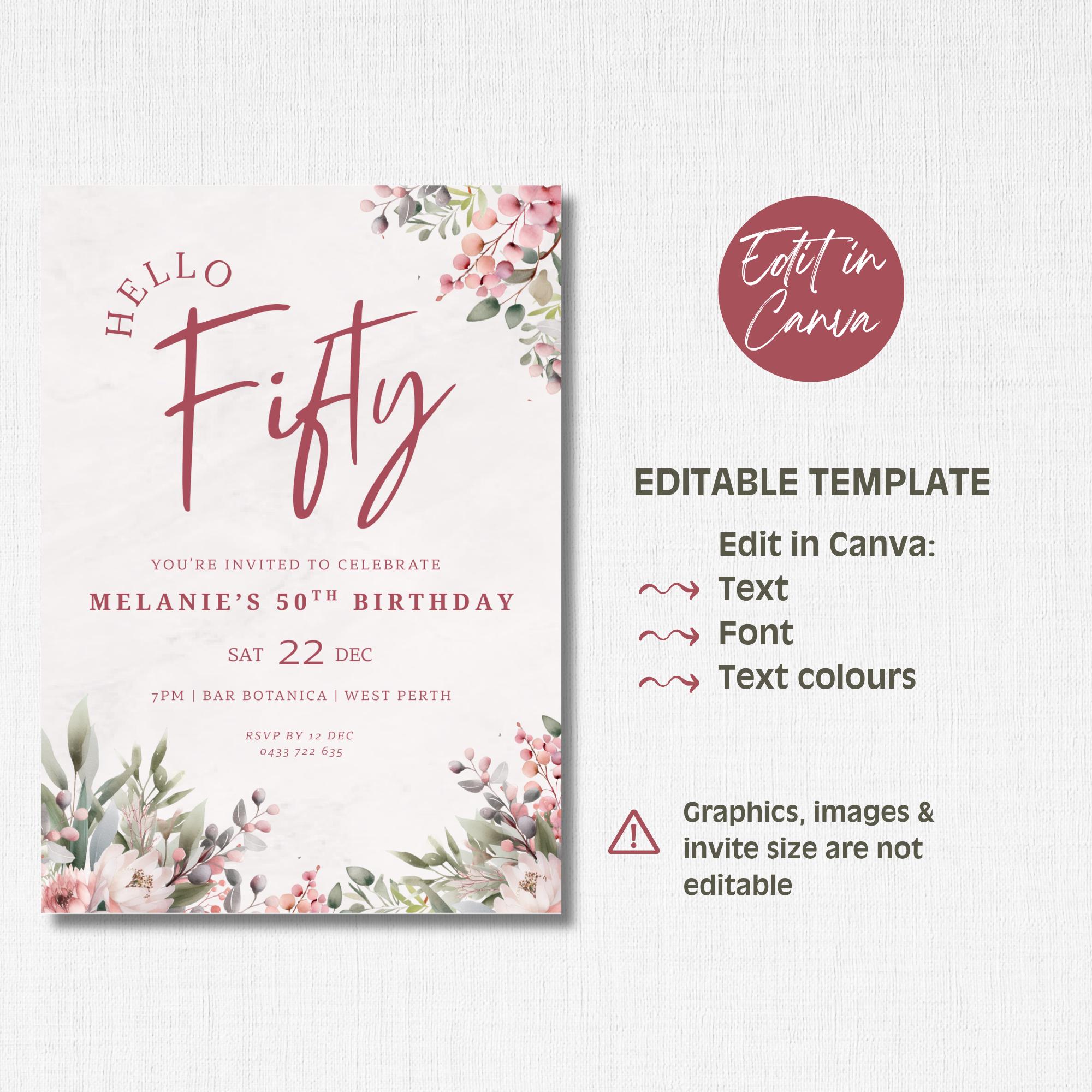 50th Birthday Invitation, 50th Birthday Invite, Hello Fifty Invitation ...