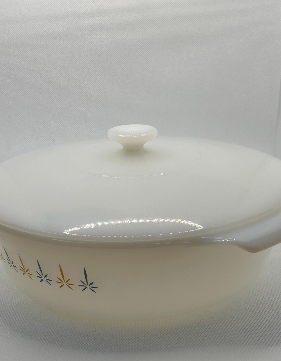 Vintage Fire-king Milk Glass Casserole Dish With Lid - Teal & Mustard ...