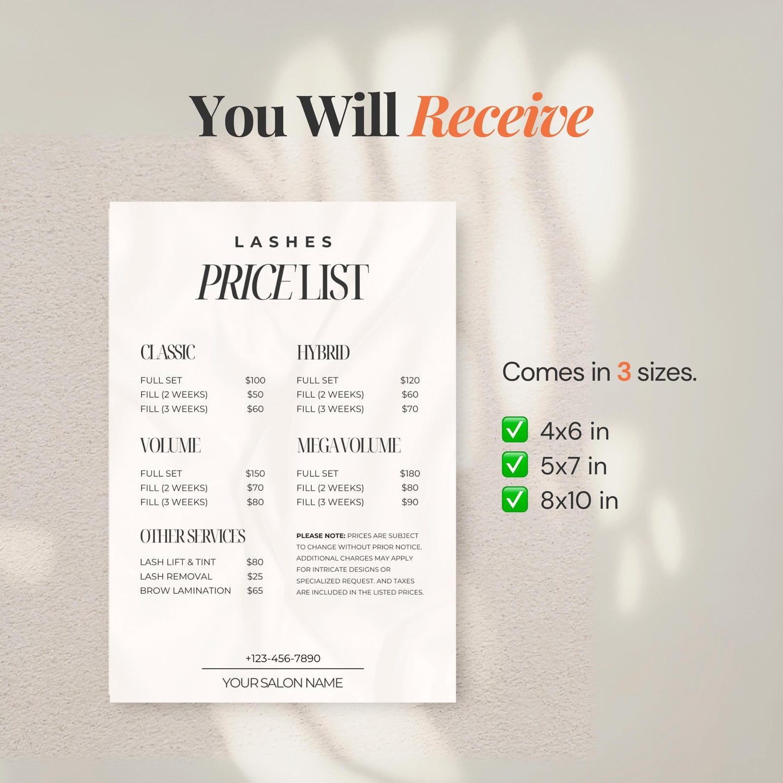 Lash Tech Price List Template, Esthetician Beauty Salon, Lash Extension ...