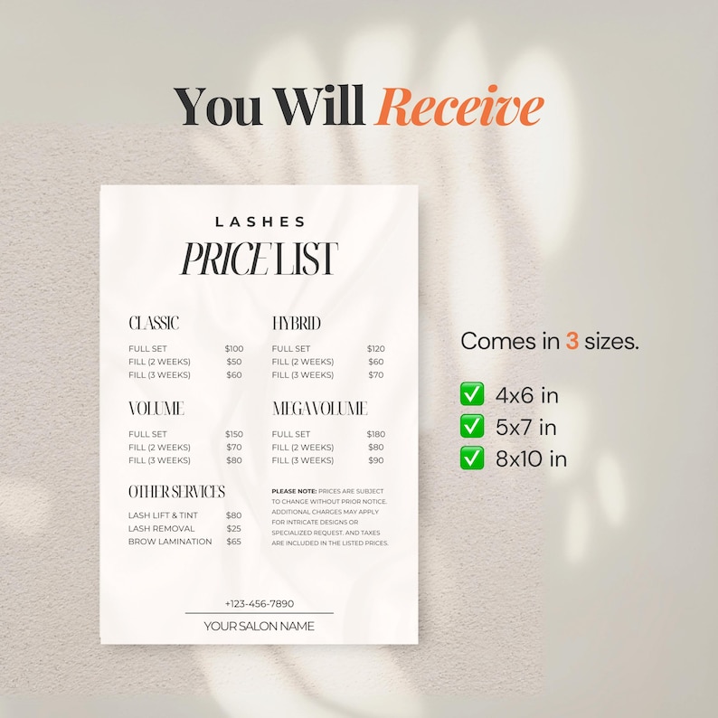 Lash Tech Price List Template, Esthetician Beauty Salon, Lash Extension ...