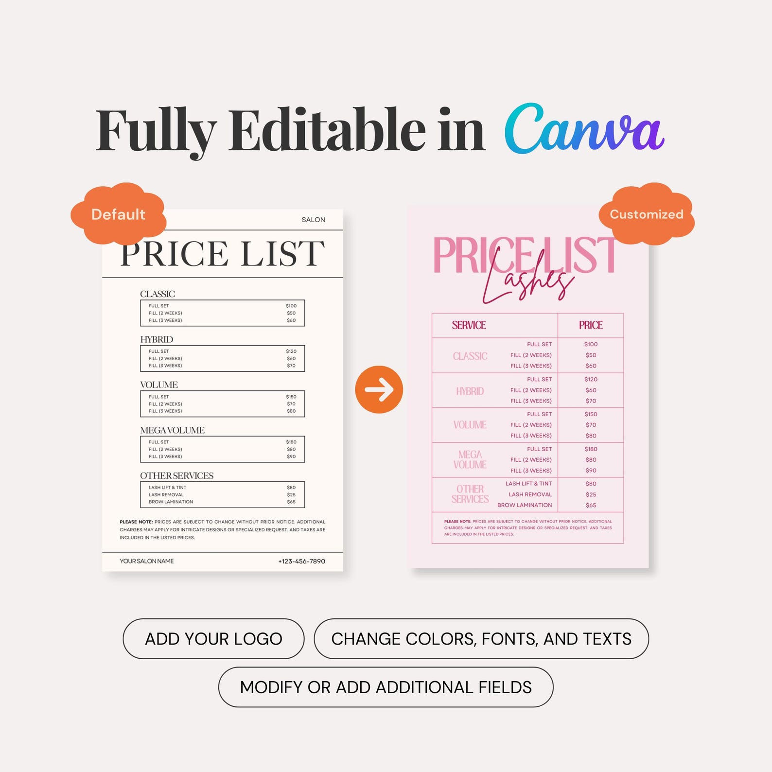 Lash Tech Price List Template, Esthetician Beauty Salon, Lash Extension ...