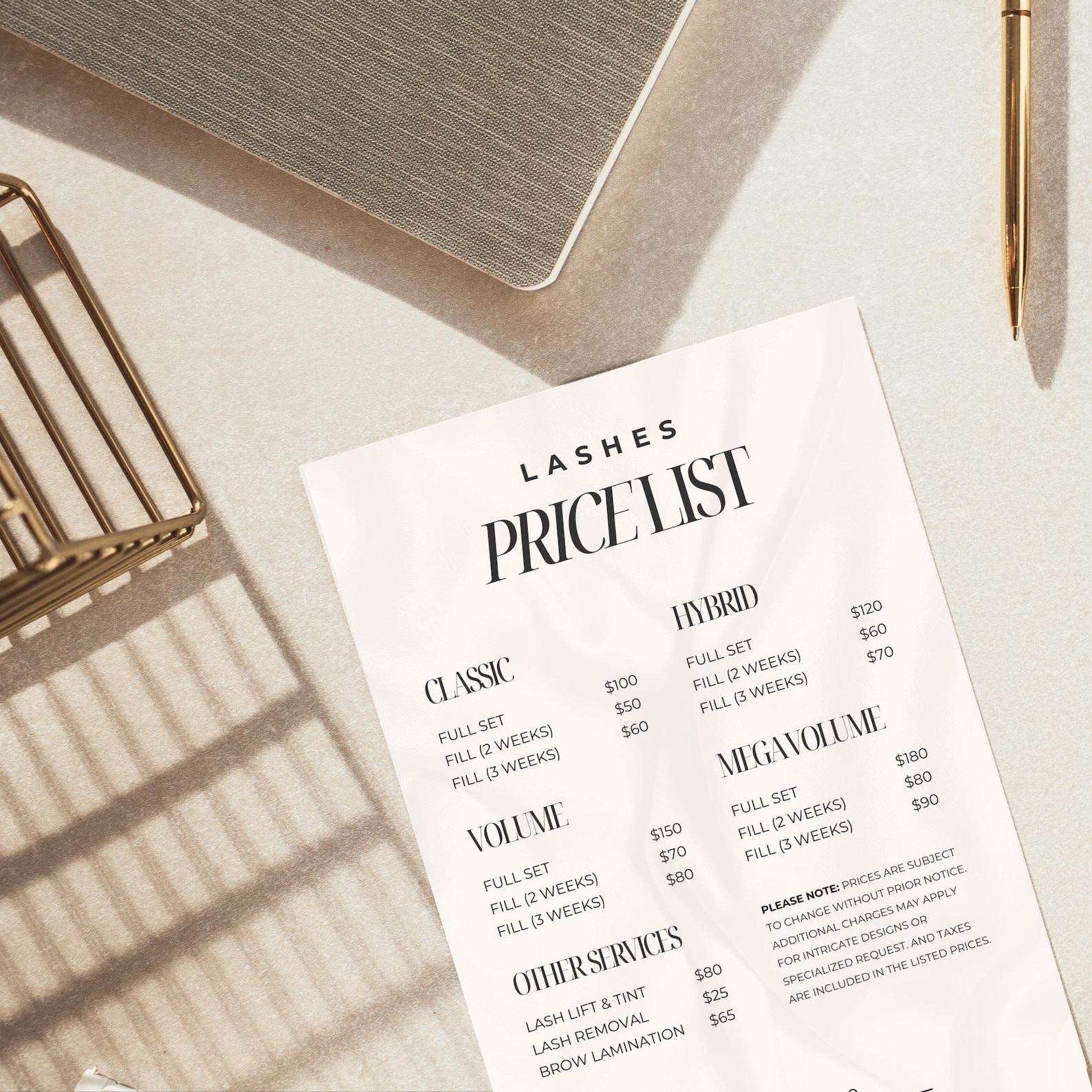 Lash Tech Price List Template, Esthetician Beauty Salon, Lash Extension ...